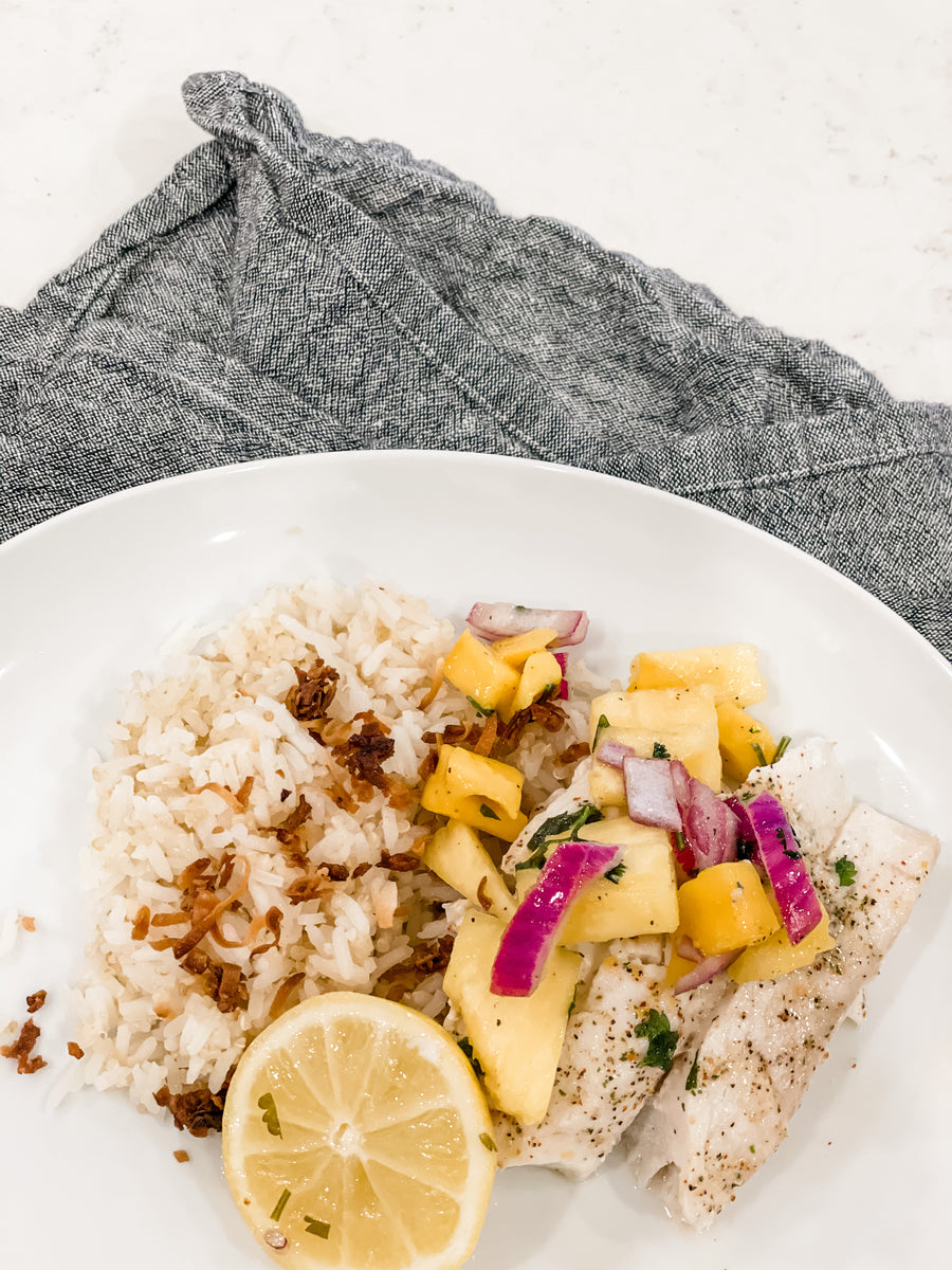 Baked Lemon Cod with Pineapple Mango Salsa – Inspo + Ivy